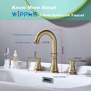 WiPPhs Bathroom Faucet for Sink 3 Hole with Pop Up Drain and cUPC Faucets Supply Hose, 2 Handle 8 inch Brass Widespread Bathroom Sink Faucet, Brushed Gold Basin Faucet Taps Mixer