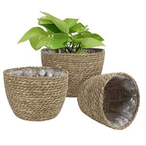 SANGDA Seagrass Planters, Cover Storage Basket Containers Hand Woven Straw Pot with Plastic Liners for Indoor Outdoor Plant, Flower