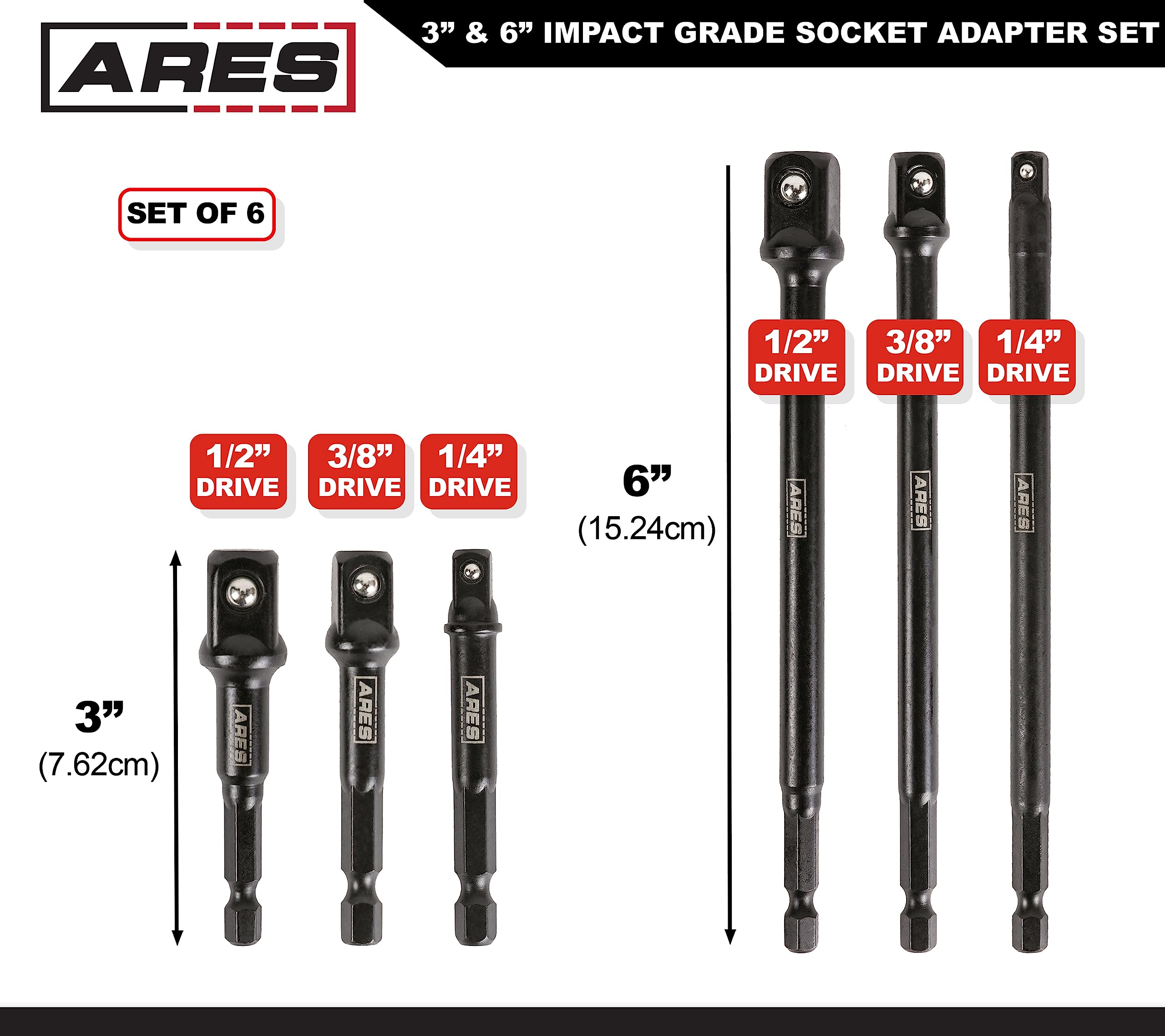 ARES 70382-6-Piece 3-Inch and 6-Inch Impact Grade Socket Adapter Set - Turns Impact Drill Driver into High Speed Socket Driver - 1/4-Inch, 3/8-Inch, and 1/2-Inch Drive Sizes