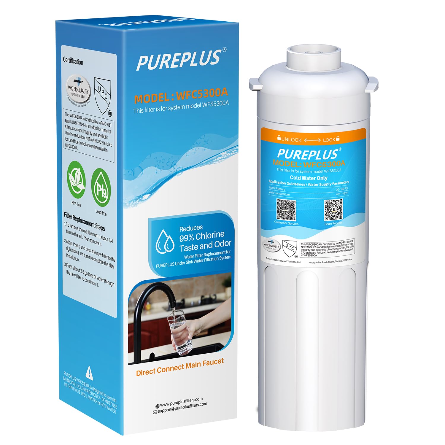 PUREPLUS WFC5300A Under Sink Water Filter, 22000 Gallons, 99.99% Chlorine Reduction, NSF/ANSI Certified, Replacement for WFS5300A Under Counter Water Filtration System