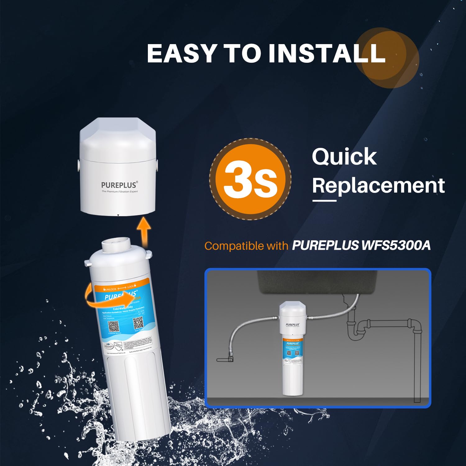 PUREPLUS WFC5300A Under Sink Water Filter, 22000 Gallons, 99.99% Chlorine Reduction, NSF/ANSI Certified, Replacement for WFS5300A Under Counter Water Filtration System