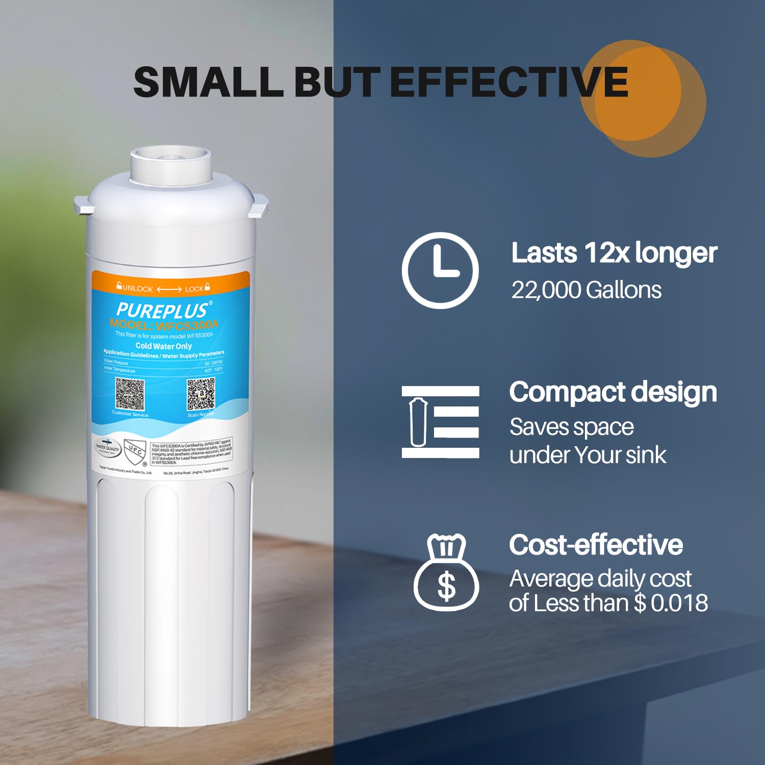 PUREPLUS WFC5300A Under Sink Water Filter, 22000 Gallons, 99.99% Chlorine Reduction, NSF/ANSI Certified, Replacement for WFS5300A Under Counter Water Filtration System