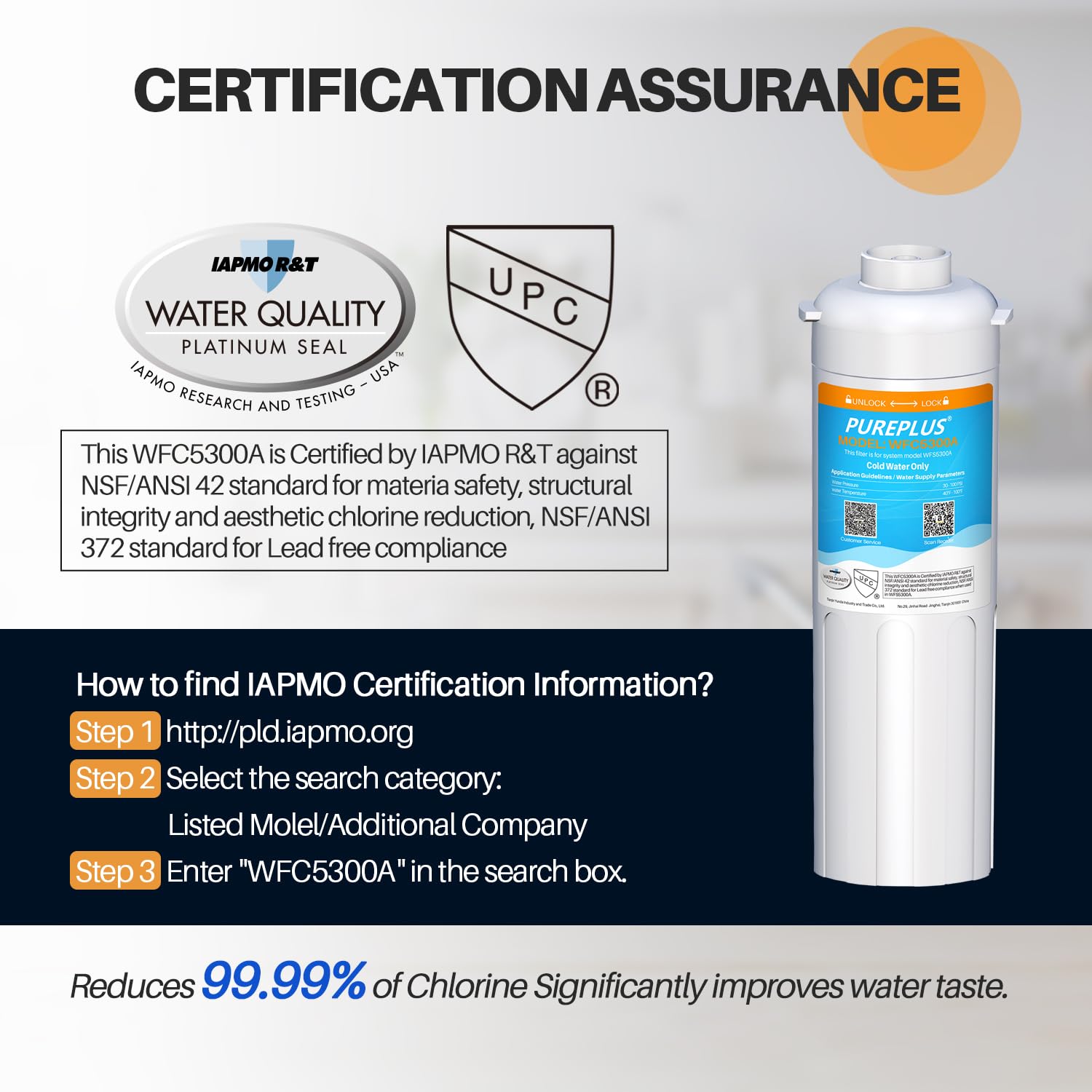 PUREPLUS WFC5300A Under Sink Water Filter, 22000 Gallons, 99.99% Chlorine Reduction, NSF/ANSI Certified, Replacement for WFS5300A Under Counter Water Filtration System