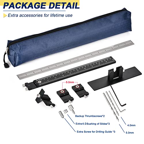 Cabinet Hardware Jig All Metal, with Φ5mm & Φ4mm Drilling Hole, Aluminum Alloy Cabinet Hole Drilling Template for Knob/Handle/Pull. Extra 2 Drill Bits & 1 Set of Fittings, Inch & Metric(2 Scale)