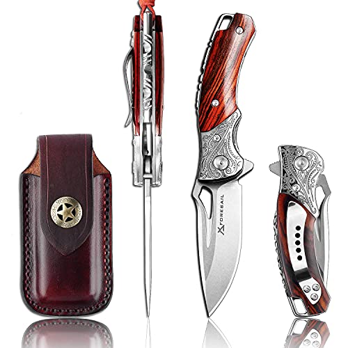 FORESAIL Folding pocket Knife,M390 Blade and Rosewood Handle Outdoor Folding Knife Ball Bearing, with Pocket Clip for Camping Hiking Travel EDC Tool