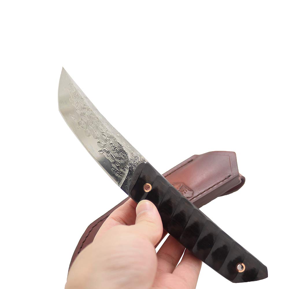 MASALONG VG10 Damascus Short tanto knife kni198 Full tang fixed blade (black handle)