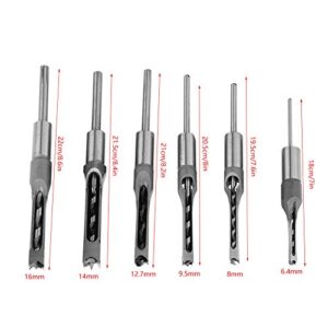 6Pcs Hole Drill Bit, Square Hole Drill Bit Woodworking Hole Saw Mortising Chisel Drill Bit Tool 1/4-Inch, 3/4inch, 3/8-Inch, 5/8-Inch, 5/16-Inch, 9/16-Inch Hole Saw Drill Bit Auger Rotation Wood Tool