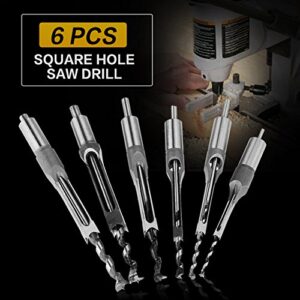 6Pcs Hole Drill Bit, Square Hole Drill Bit Woodworking Hole Saw Mortising Chisel Drill Bit Tool 1/4-Inch, 3/4inch, 3/8-Inch, 5/8-Inch, 5/16-Inch, 9/16-Inch Hole Saw Drill Bit Auger Rotation Wood Tool