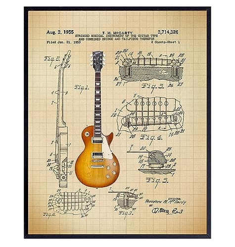 Guitar Patent Print - Iconic Electric Guitar of Famous Musicians - Music Gift for Rock n Roll Fan, Musicians, Guitar Player - Cool Wall Art, Home Decor Artwork Poster Picture - 8x10 Unframed