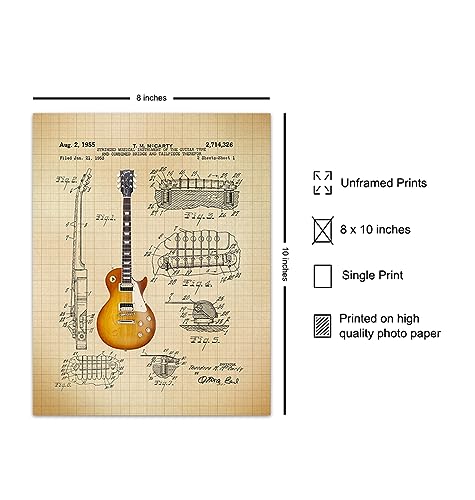 Guitar Patent Print - Iconic Electric Guitar of Famous Musicians - Music Gift for Rock n Roll Fan, Musicians, Guitar Player - Cool Wall Art, Home Decor Artwork Poster Picture - 8x10 Unframed