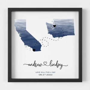 Long Distance Love Personalized Map Gift FRAMED Print Wedding Keepsake Wedding Gift Engagement Gift for Couple