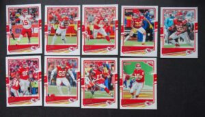 2020 donruss veteran football kansas city chiefs team set of 9 cards: patrick mahomes ii(#1), tyreek hill(#2), travis kelce(#3), tyrann mathieu(#4), damien williams(#5), chris jones(#6), frank clark(#7), mecole hardman jr.(#8), joe montana(#9)