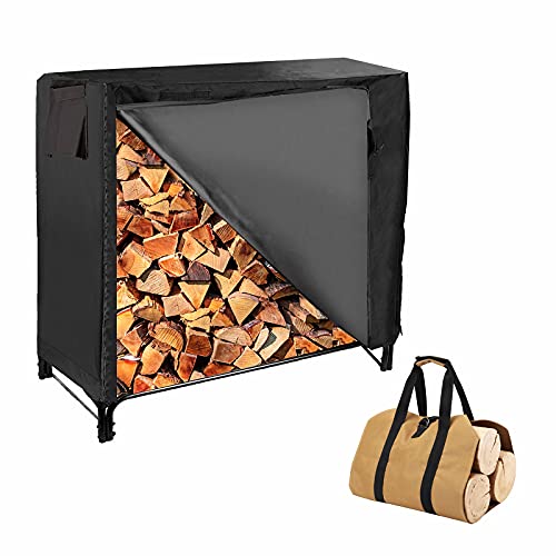 Emalie 4-foot Fire Wood Racks Outdoor with Waterproof Cover and Wood Carrier Tote, Heavy Duty Log Rack Wood Holders Storage Set, Black Steel Tubular Lumber Rack & Cover, Brown Tote