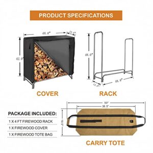 Emalie 4-foot Fire Wood Racks Outdoor with Waterproof Cover and Wood Carrier Tote, Heavy Duty Log Rack Wood Holders Storage Set, Black Steel Tubular Lumber Rack & Cover, Brown Tote