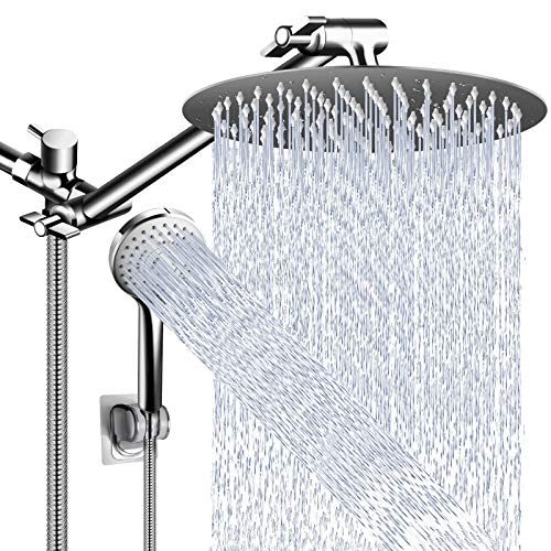 Shower Head Combo,10 Inch High Pressure Round Rain Shower Head with 11 Inch Adjustable Extension Arm and 5 Settings Handheld Shower Head,Powerful Shower Spray Against Low Pressure Water with Long Hose