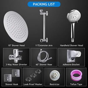 Shower Head Combo,10 Inch High Pressure Round Rain Shower Head with 11 Inch Adjustable Extension Arm and 5 Settings Handheld Shower Head,Powerful Shower Spray Against Low Pressure Water with Long Hose