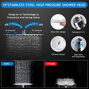 Shower Head Combo,10 Inch High Pressure Round Rain Shower Head with 11 Inch Adjustable Extension Arm and 5 Settings Handheld Shower Head,Powerful Shower Spray Against Low Pressure Water with Long Hose