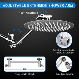 Shower Head Combo,10 Inch High Pressure Round Rain Shower Head with 11 Inch Adjustable Extension Arm and 5 Settings Handheld Shower Head,Powerful Shower Spray Against Low Pressure Water with Long Hose