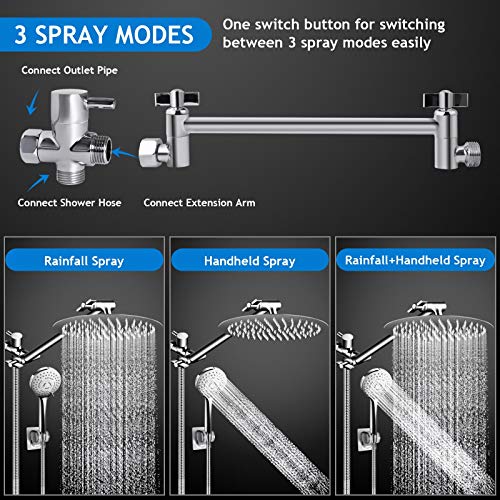 Shower Head Combo,10 Inch High Pressure Round Rain Shower Head with 11 Inch Adjustable Extension Arm and 5 Settings Handheld Shower Head,Powerful Shower Spray Against Low Pressure Water with Long Hose