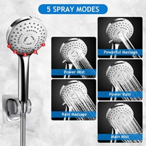 Shower Head Combo,10 Inch High Pressure Round Rain Shower Head with 11 Inch Adjustable Extension Arm and 5 Settings Handheld Shower Head,Powerful Shower Spray Against Low Pressure Water with Long Hose