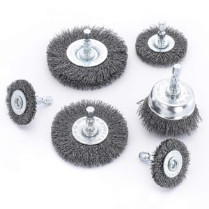 hoyin 6piece drill wire wheel cup brush set,0.010in coarse crimped ,thicken face width with1/4in hex shank