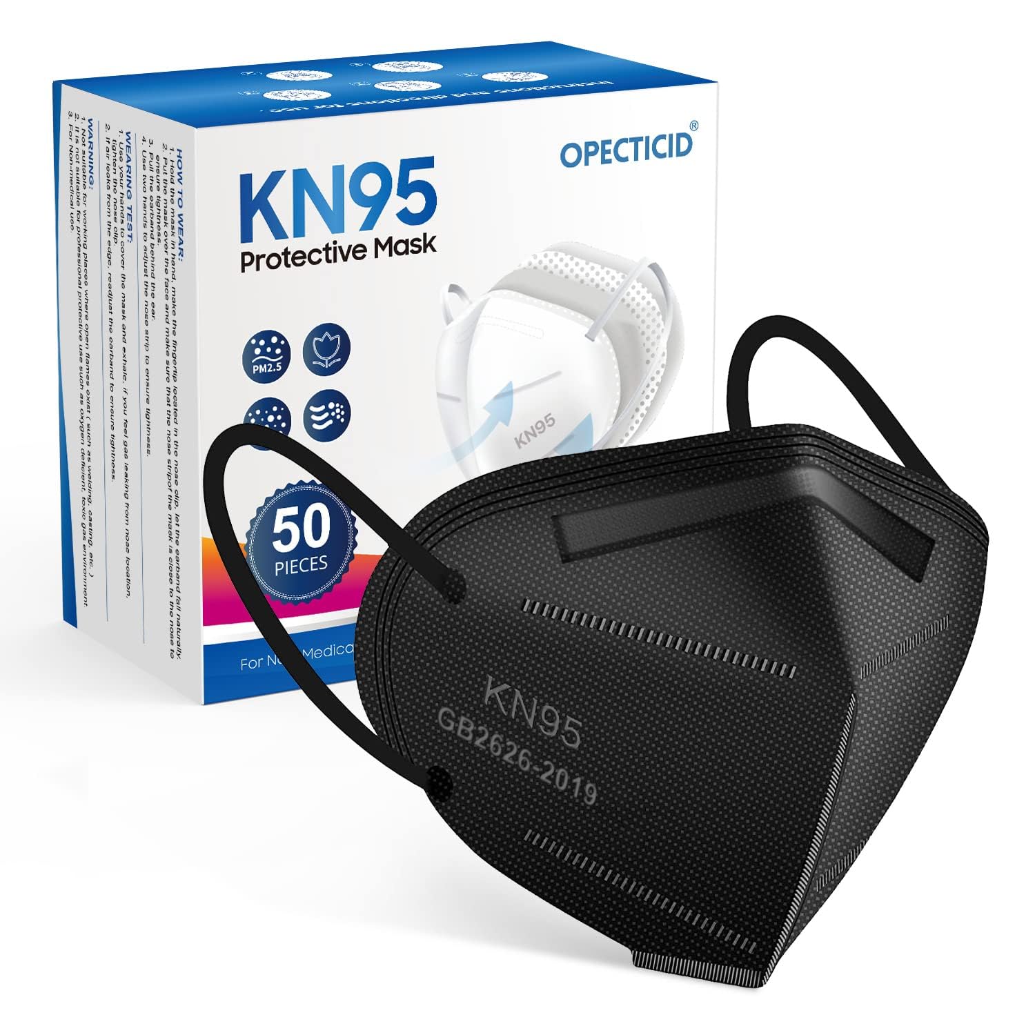 OPECTICID KN95 Face Mask, KN95 Mask 50 Pack Black, Cup Masks Breathable 5-Layer Filter Efficiency≥95% Disposable Certified KN95 Respirator Masks