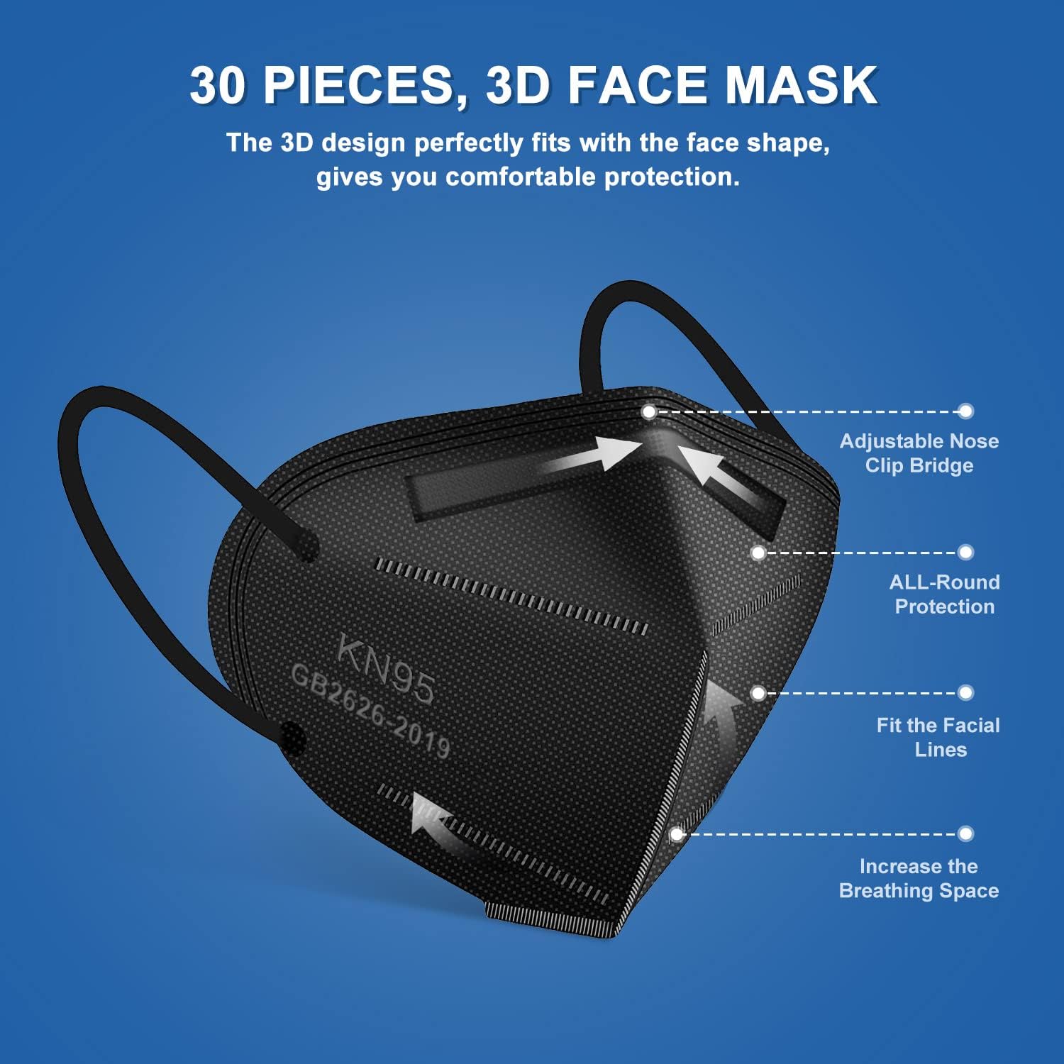 OPECTICID KN95 Face Mask, KN95 Mask 50 Pack Black, Cup Masks Breathable 5-Layer Filter Efficiency≥95% Disposable Certified KN95 Respirator Masks