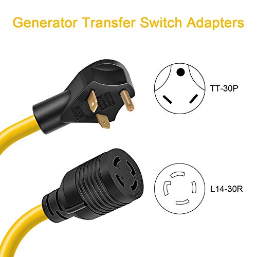 Rophor Generator Transfer Switch Adapter Cord TT-30P Male to L14-30R Female, 30 Amp 3 Prong to 4 Prong Generator Plug Adapter, RV Generator Plug to Inlet Box, 1.5FT