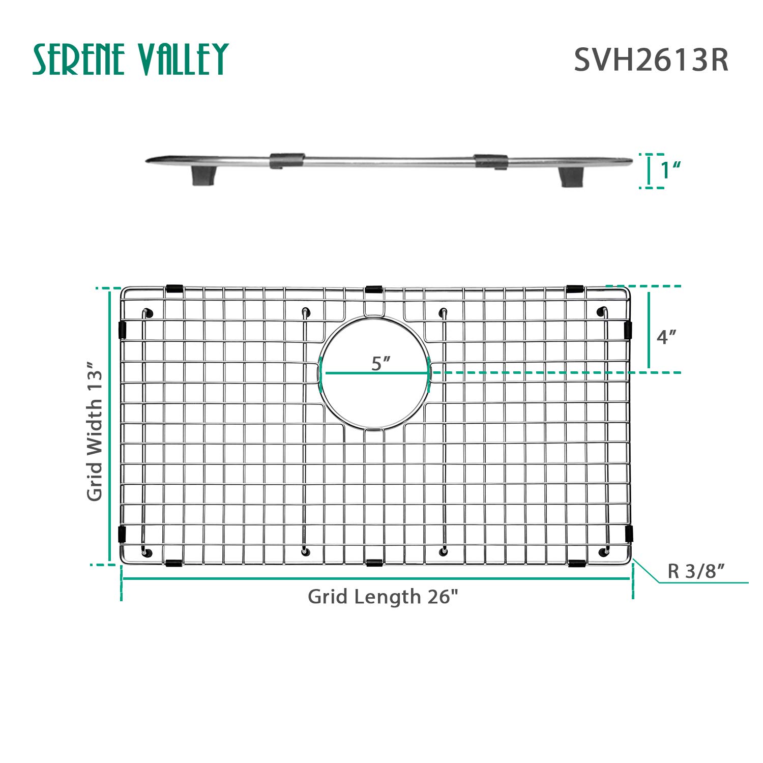 Serene Valley Sink Bottom Grid 26" X 13", Rear Drain with Corner Radius 3/8", Sink Protector SVH2613R