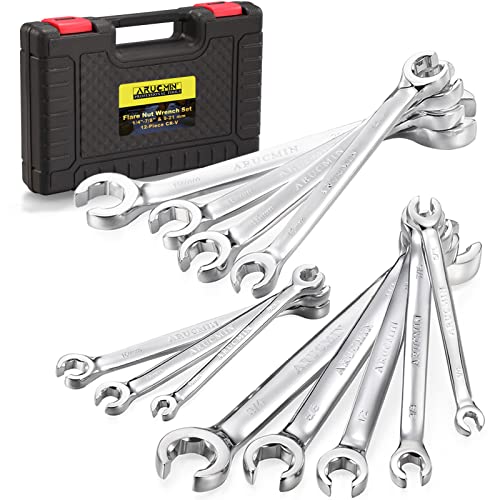 ARUCMIN Flare Nut Wrench Set,12-Piece Chrome Vanadium Steel Wrench Set SAE & Metric 1/4"-7/8" and 6-21mm with Organizer Box