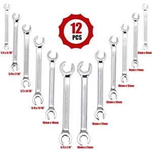 ARUCMIN Flare Nut Wrench Set,12-Piece Chrome Vanadium Steel Wrench Set SAE & Metric 1/4"-7/8" and 6-21mm with Organizer Box