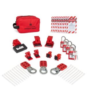 tradesafe breaker lockout tagout electrical loto kit, 120/277v to 480/600v circuit breaker lockout, hasps, lockout tags, keyed different red loto locks (2 keys each); devices for station refill