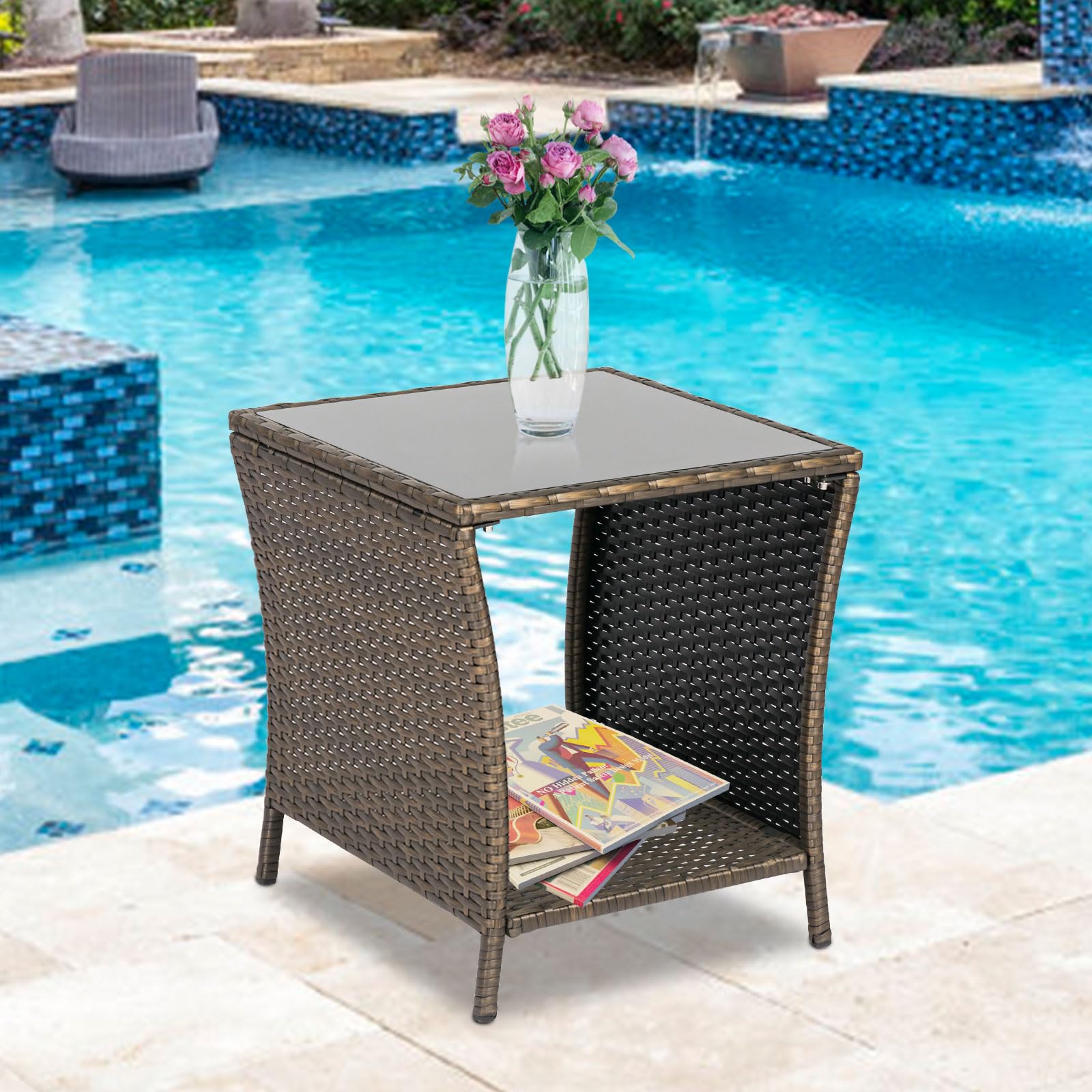 kinbor Outdoor Side Table - Porch Tables Small, Wicker End Tables, Patio Side Table for Backyard Pool Indoor Outdoor, Easy Maintenance & Weather Resistant