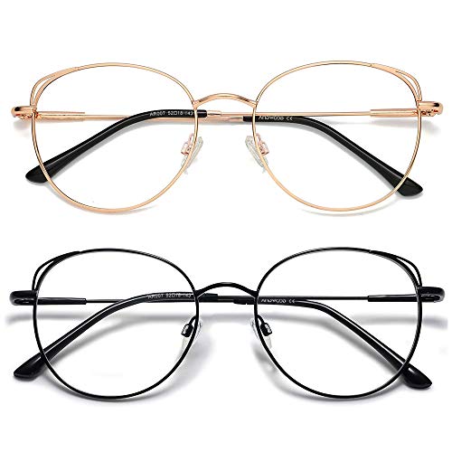 ANDWOOD Blue Light Blocking Glasses Women Cat Eye Computer Eyeglasses Metal Frame Hipster 2 Pack Rose Gold Black