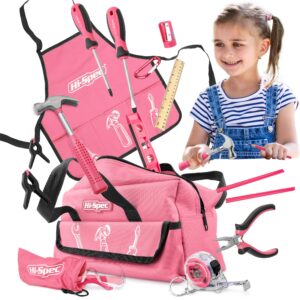 hi-spec 18pc pink kids tool kit set & child size tool bag. real metal hand tools for diy building, woodwork & construction