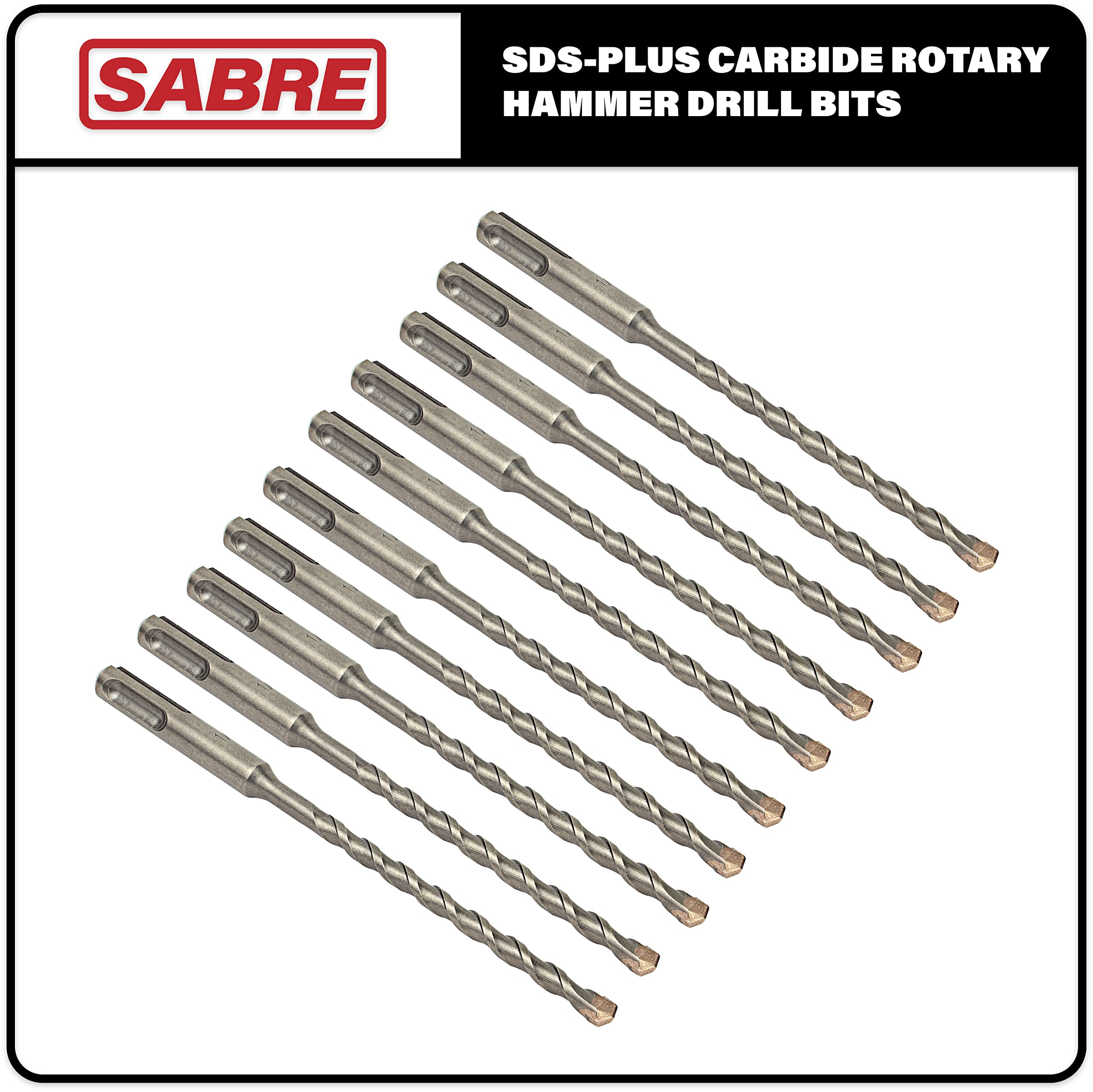 Sabre Tools 10-Pack 1/4 Inch x 6 Inch SDS Plus Rotary Hammer Drill Bits, Carbide Tipped for Brick, Stone and Concrete (1/4” x 4" x 6")