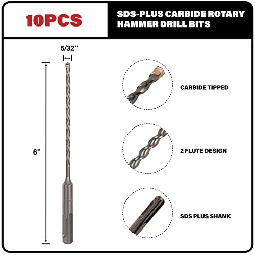 Sabre Tools 10-Pack 5/32 Inch x 6 Inch SDS Plus Rotary Hammer Drill Bits, Carbide Tipped for Brick, Stone and Concrete (5/32” x 4" x 6")