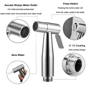 Bidet Sprayer Head with hook, stainless steel bidet sprayer kit, baby cloth diaper sprayer, easy to install for Personal Hygiene And Bedpan WC Sprayer