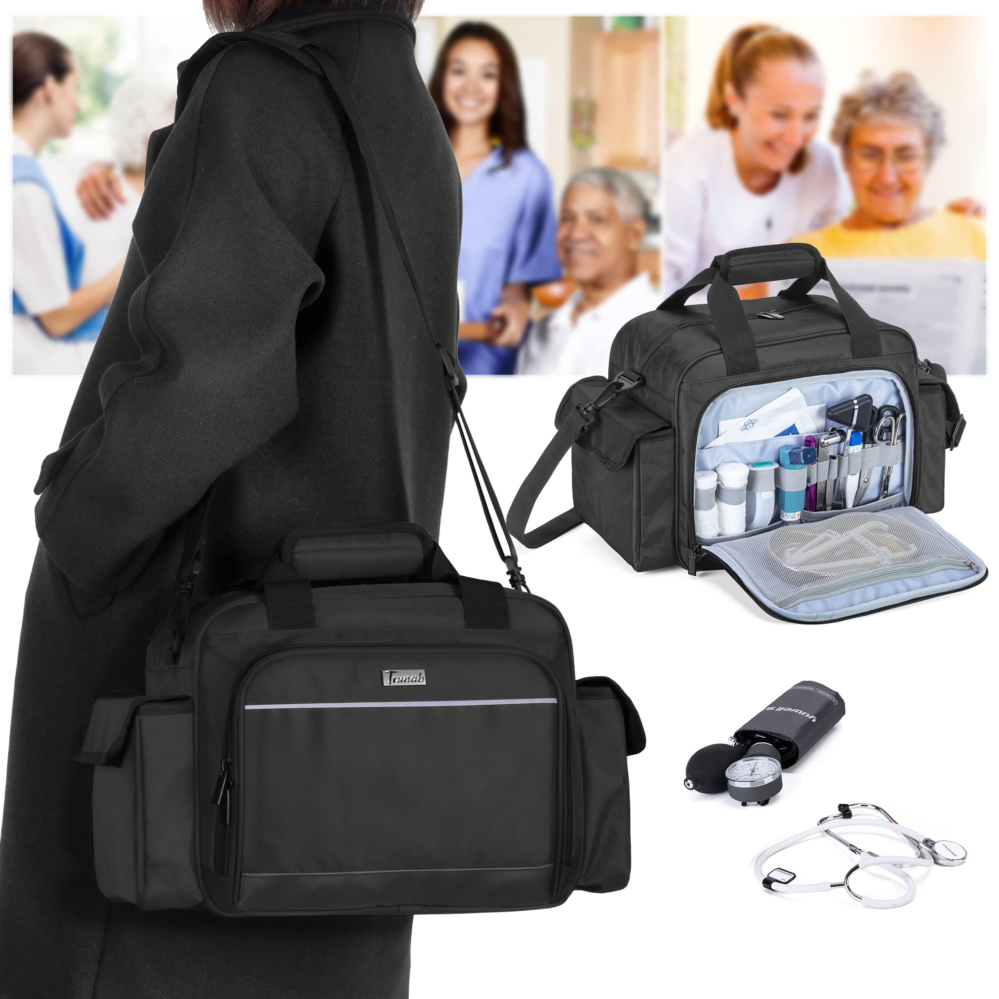 Trunab Home Health Nurse Bag Empty, Portable Medical Supplies Shoulder Bag for Hospice, Home Visit, Hospital Interns, Black, Bag Only