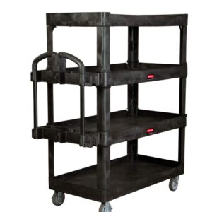 New Rubbermaid Commercial Products 4-Shelf Utility/Service Quad Cart, Heavy Duty Large, Lipped Shelf, Ergonomic Handle, 700 lbs. Capacity, for Warehouse/Garage/Cleaning/Manufacturing (2128657) Black