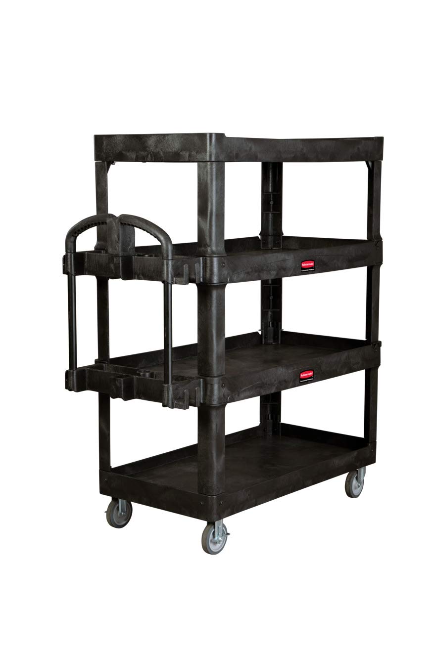 New Rubbermaid Commercial Products 4-Shelf Utility/Service Quad Cart, Heavy Duty Large, Lipped Shelf, Ergonomic Handle, 700 lbs. Capacity, for Warehouse/Garage/Cleaning/Manufacturing (2128657) Black