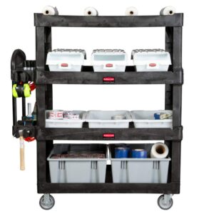 New Rubbermaid Commercial Products 4-Shelf Utility/Service Quad Cart, Heavy Duty Large, Lipped Shelf, Ergonomic Handle, 700 lbs. Capacity, for Warehouse/Garage/Cleaning/Manufacturing (2128657) Black