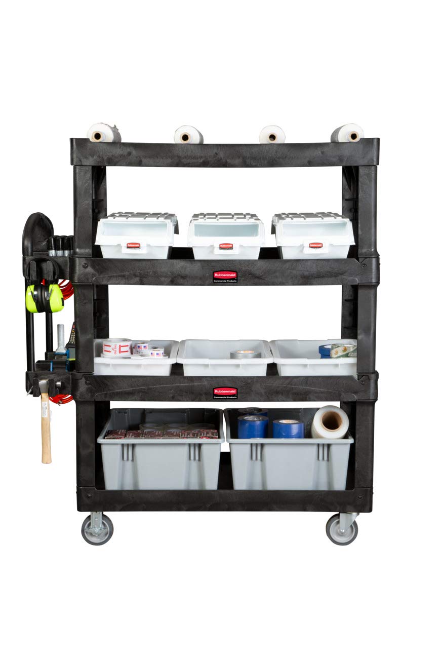 New Rubbermaid Commercial Products 4-Shelf Utility/Service Quad Cart, Heavy Duty Large, Lipped Shelf, Ergonomic Handle, 700 lbs. Capacity, for Warehouse/Garage/Cleaning/Manufacturing (2128657) Black