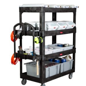 New Rubbermaid Commercial Products 4-Shelf Utility/Service Quad Cart, Heavy Duty Large, Lipped Shelf, Ergonomic Handle, 700 lbs. Capacity, for Warehouse/Garage/Cleaning/Manufacturing (2128657) Black