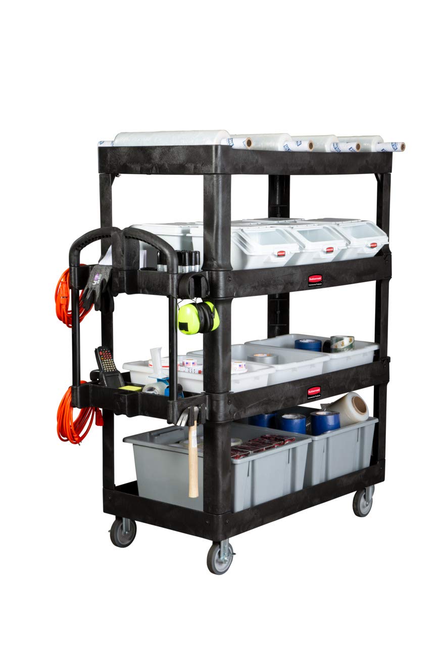 New Rubbermaid Commercial Products 4-Shelf Utility/Service Quad Cart, Heavy Duty Large, Lipped Shelf, Ergonomic Handle, 700 lbs. Capacity, for Warehouse/Garage/Cleaning/Manufacturing (2128657) Black