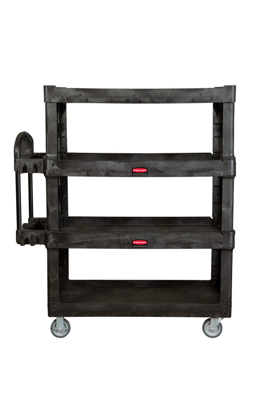 New Rubbermaid Commercial Products 4-Shelf Utility/Service Quad Cart, Heavy Duty Large, Lipped Shelf, Ergonomic Handle, 700 lbs. Capacity, for Warehouse/Garage/Cleaning/Manufacturing (2128657) Black