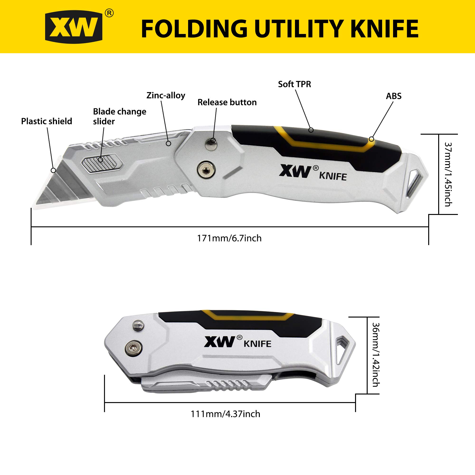 XW Folding Utility Knife, Heavy Duty Box Cutter of Quick Change Blades, Extra 10 Blades Included, 2-Pack