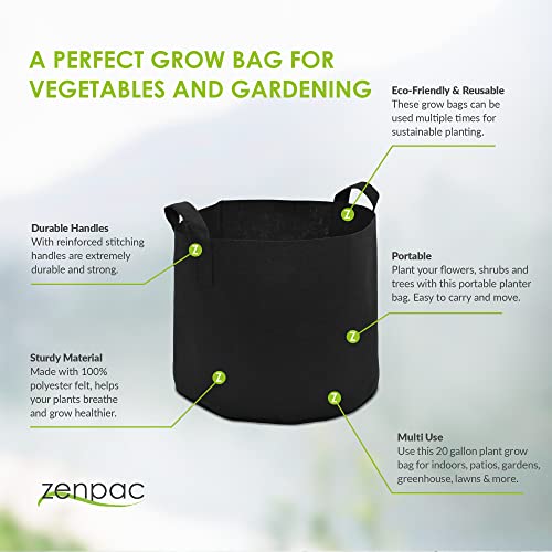 ZENPAC 5 Pack 20 Gallon Large Grow Bags with Handles, Fabric Planters for Outdoor Plants, Felt Planters for Flowers, Vegetables, Gardening, Bulk