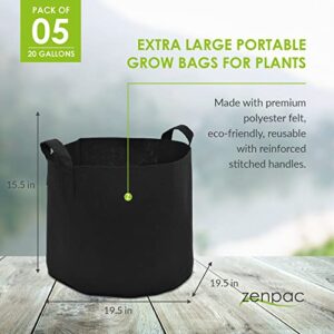 ZENPAC 5 Pack 20 Gallon Large Grow Bags with Handles, Fabric Planters for Outdoor Plants, Felt Planters for Flowers, Vegetables, Gardening, Bulk