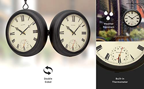 AcuRite 9-Inch Indoor/Outdoor Double-Sided Hanging Clock with 360-Degree Spin Functionality, Iron Metal Frame, Glass Lens, Quartz Crystal Movement, Weatherproof and Premium Thermometer (75140M),Black